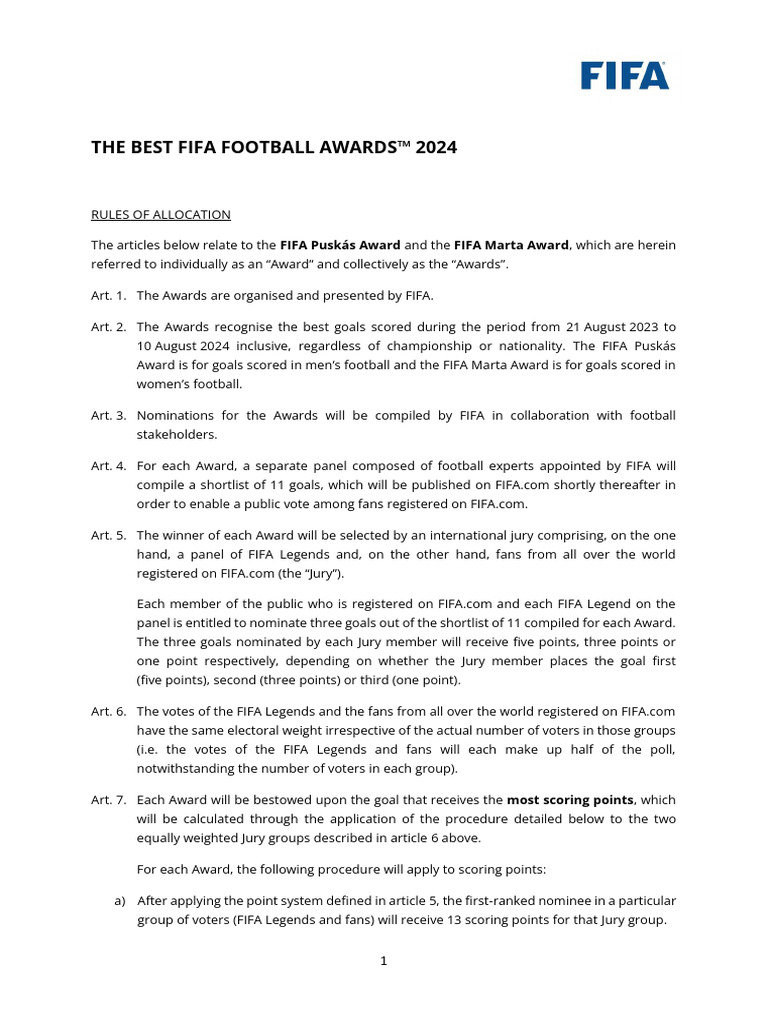 FIFA Awards 2024 - FIFA Puskas Award - FIFA Marta Award - Rules of Allocation - EN | PDF ...