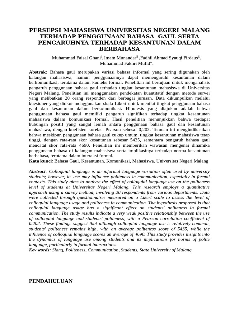 Persepsi Mahasiswa Universitas Negeri Malang Terhadap Penggunaan Bahasa Gaul Serta Pengaruhnya ...