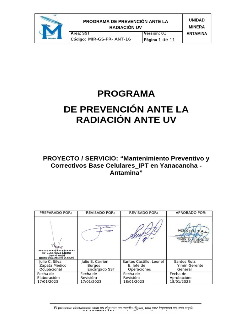 13.4. MIR-GS-PR - ANT-16 Programa de Prevención Ante Radiación UV | PDF | Ultravioleta | Radiación