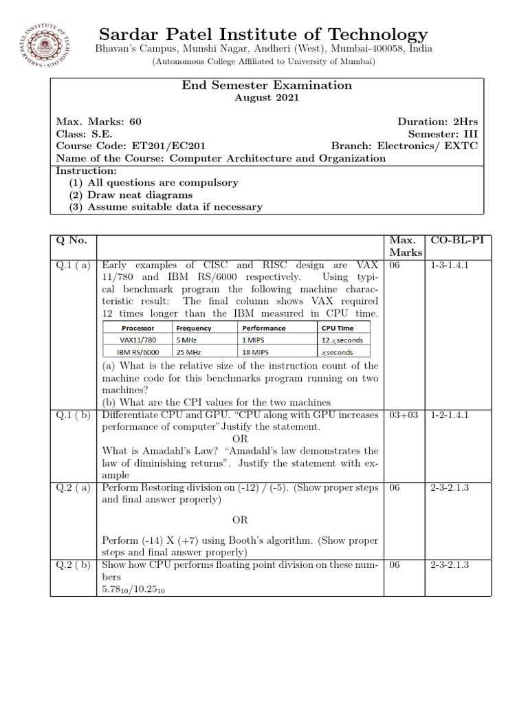 CAO ESE DSY Paper Aug 2021 | PDF | Cpu Cache | Central Processing Unit