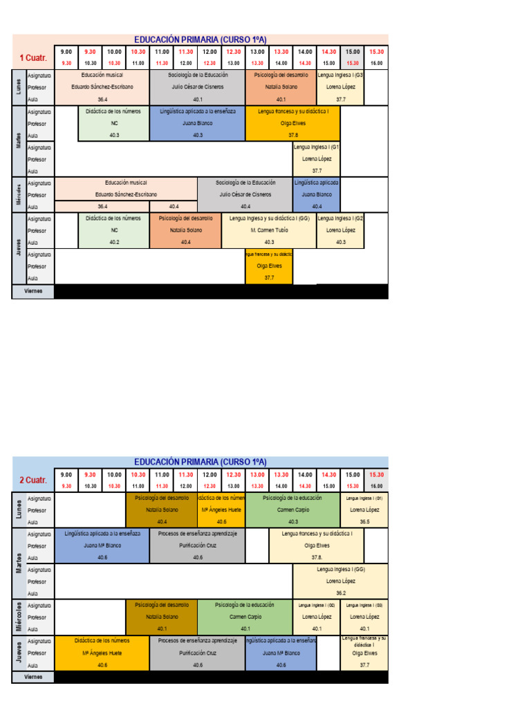 Horario Educación Primaria 1ºA | PDF | Enseñando | Modificación de ...