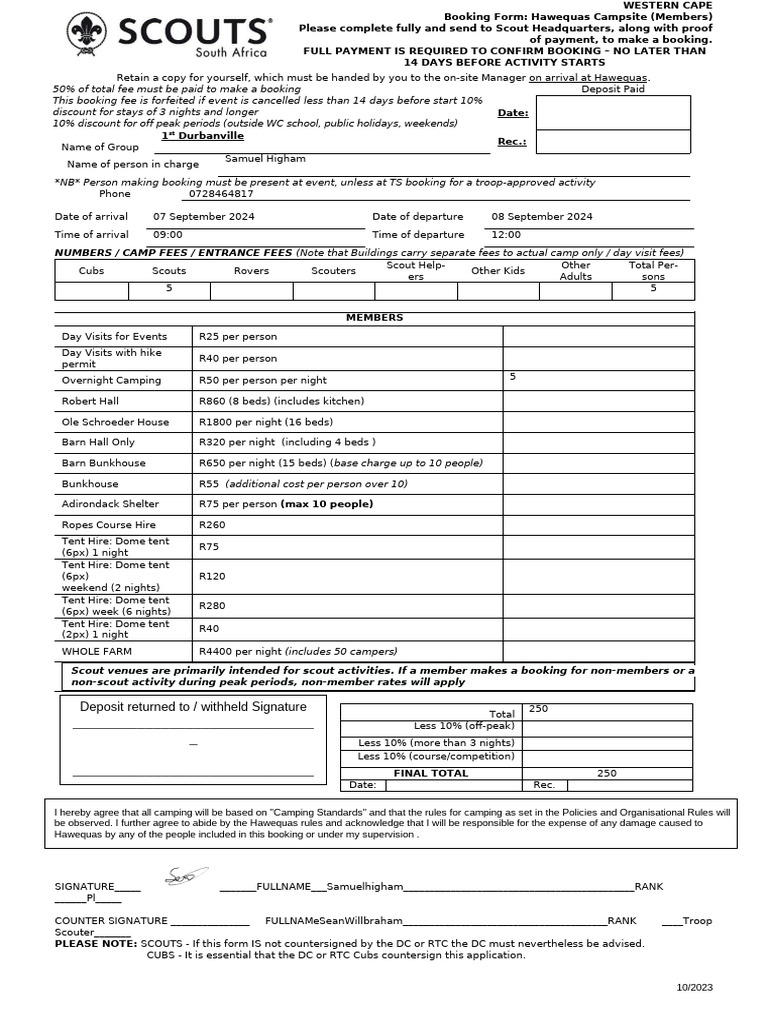 Booking Form Hawequas Members | PDF | Camping | Scouting