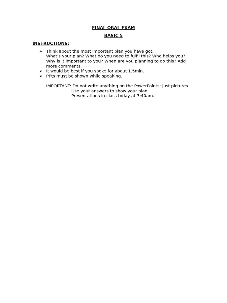 FINAL ORAL EXAM - Instructions Basic 5 | PDF