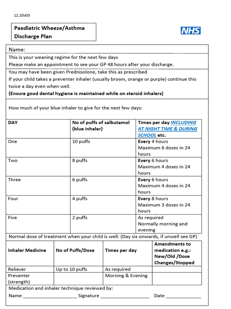 Paediatric Wheeze Discharge Plan v3 | PDF | Asthma | Medical Specialties