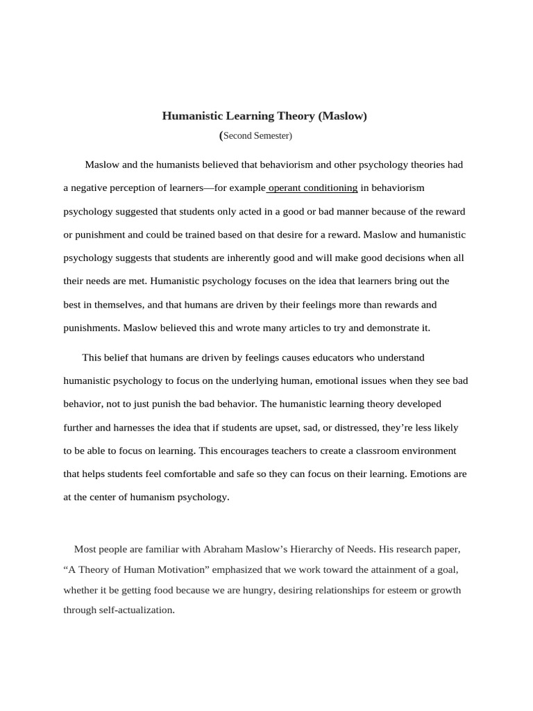 Humanistic Learning Theory Maslow | PDF | Humanistic Psychology | Self ...