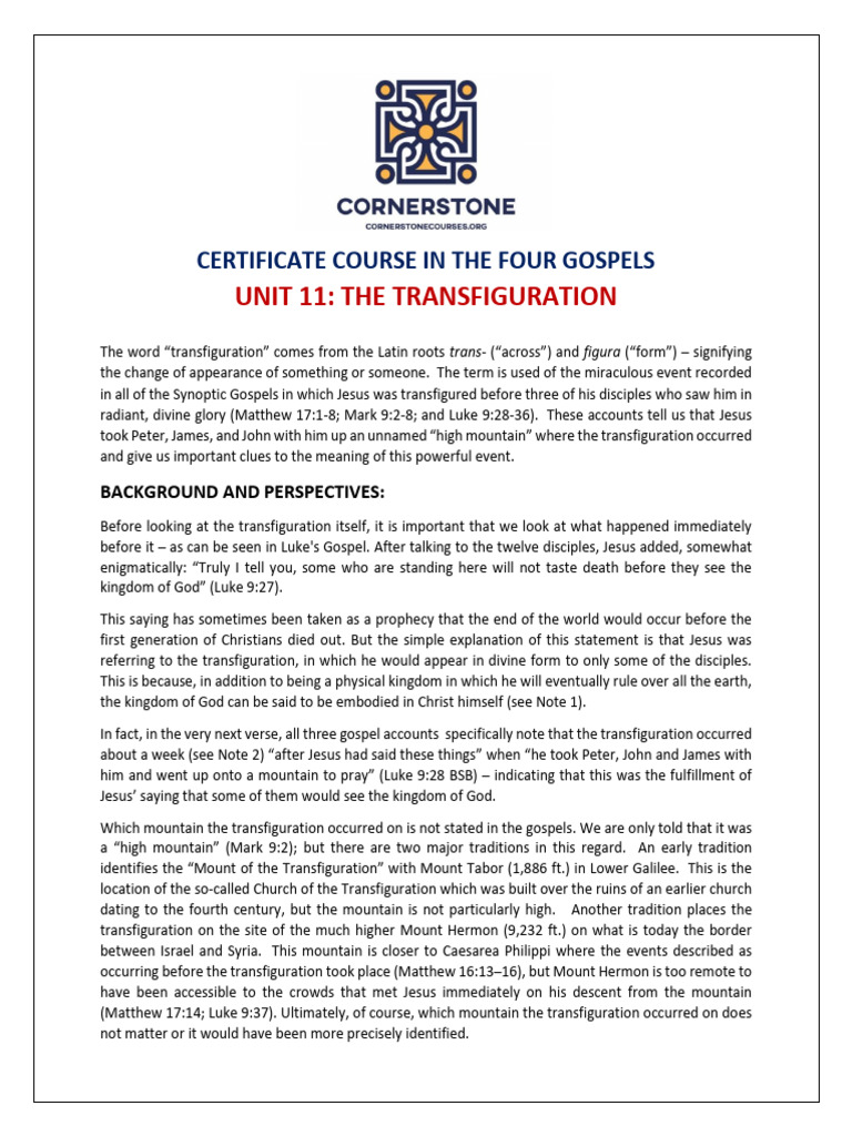 Transfiguration (Bible Course) | PDF | Jesus | Gospel Of Mark
