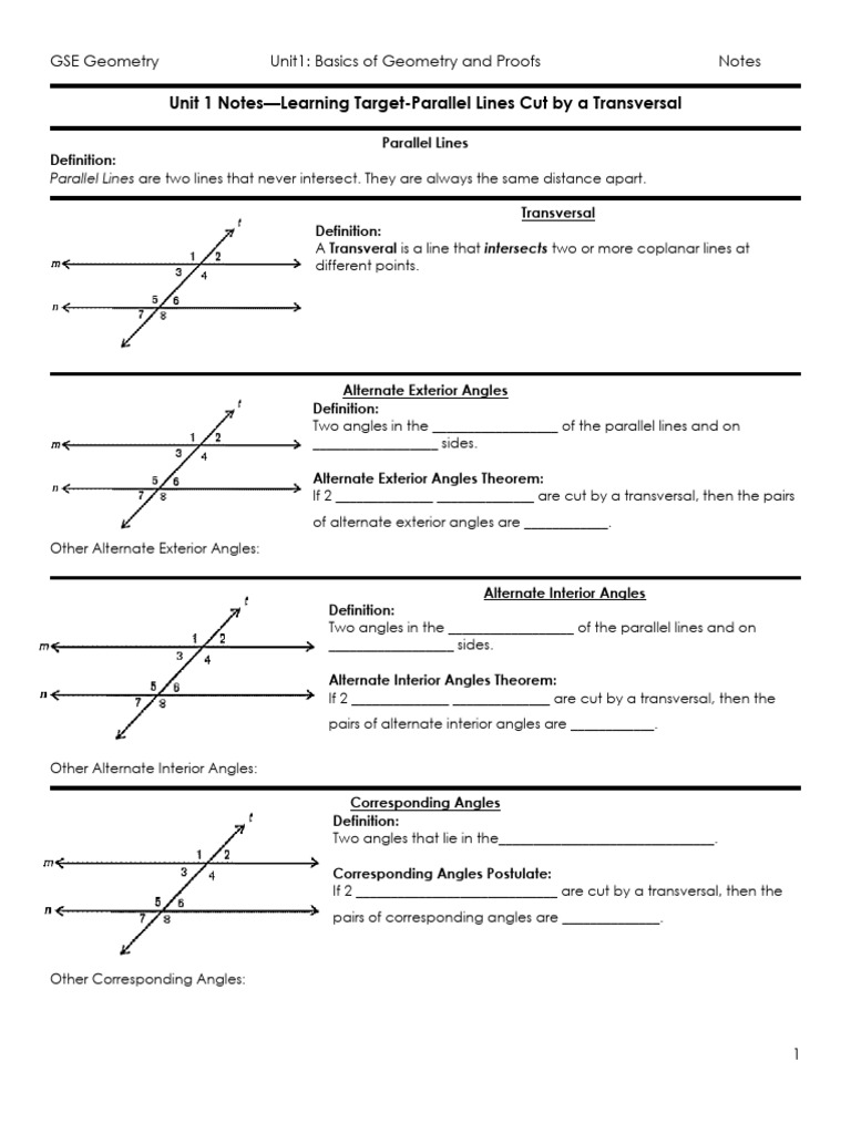 Angle Pairs Created by Parallel Lines Cut by A Transversal Notes | PDF ...