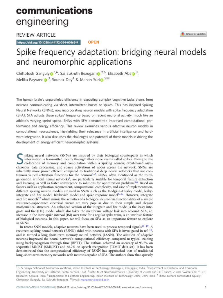 Spike Frequency Adaptation Bridging Neural Models and Neuromorphic Applications | PDF | Action ...