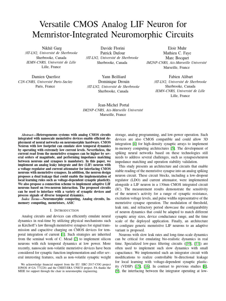 Versatile CMOS Analog LIF Neuron For Memristor-Integrated Neuromorphic Circuits | PDF | Action ...