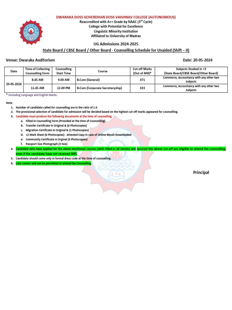 CS 2024 Schedule Unaided | PDF