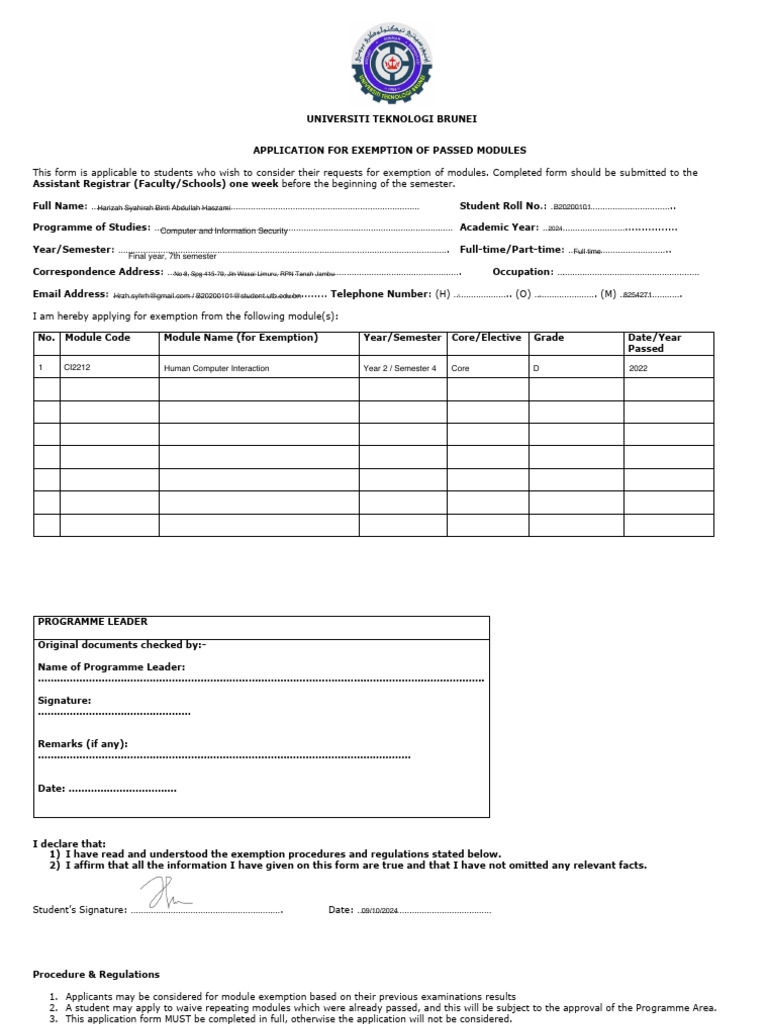 Exemption From Modules-Form | PDF