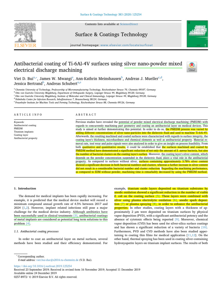 Antibacterial Coating of Ti-6Al-4V Surfaces Using Silver Nano-Powder Mixed Electrical Discharge ...