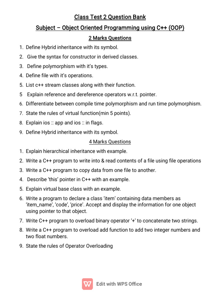 OOP Class Test 2 Question Bank | PDF