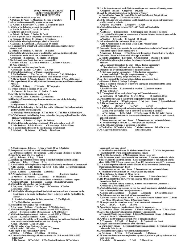 Grade 10 Geography Self-Test Questions | PDF | Temperate Climate ...