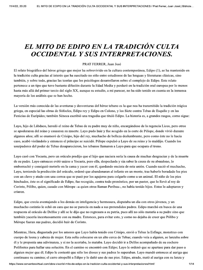El Mito de Edipo en La Tradición Culta Occidental y Sus ...