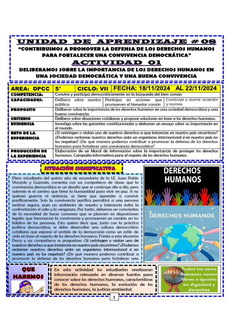 Actividad 1 DPCC 5° Unidad 8 | PDF | Derechos humanos | Derechos