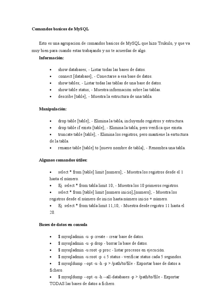 Comandos Basicos de MySQL | PDF | SQL | Datos