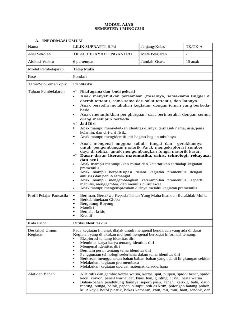 MODUL AJAR MINGGU 5 Identitasku | PDF