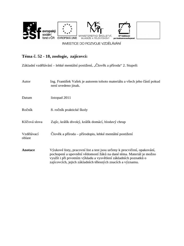 Tema C. 52 18 Zajicovci Uvodni List 2 | PDF