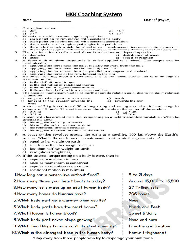 11th Class Physics MCQs Unit 4 | PDF
