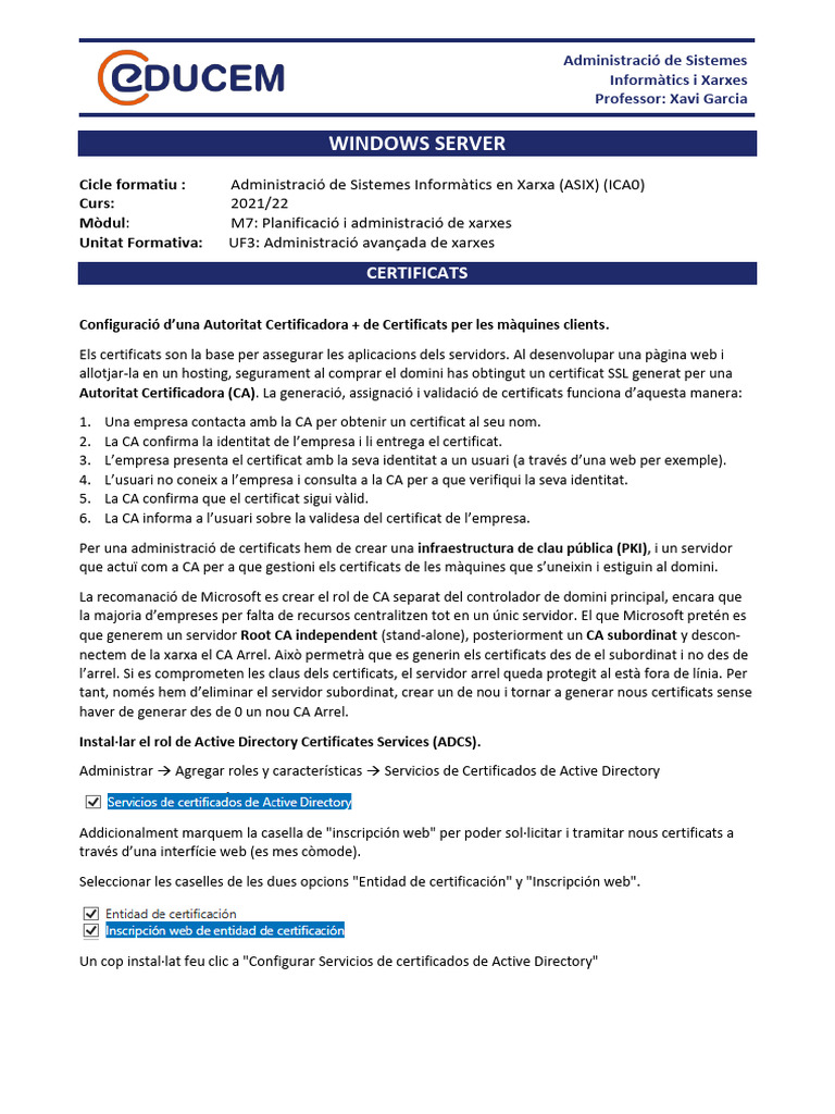 Practica 4 - Windows Server Certificats (Enunciats) | PDF