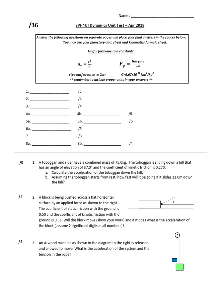 SPH4UI Dynamics Unit Test April 2019 | PDF | Force | Orbit