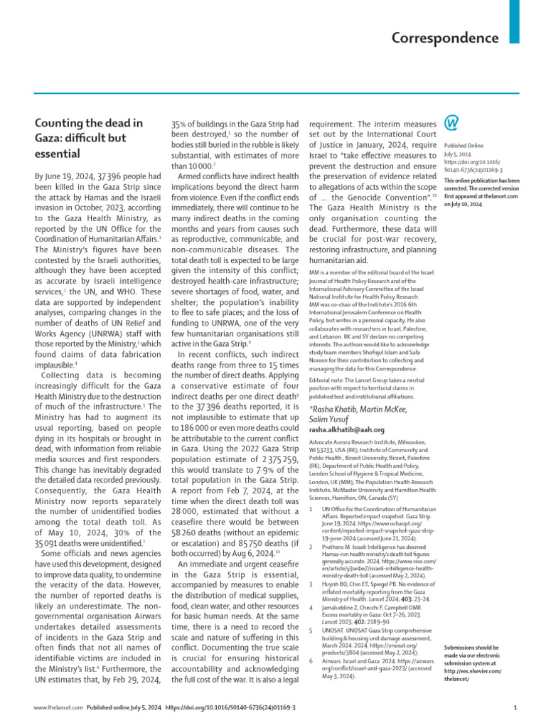 Lancet - Counting Dead in Gaza | PDF | Israel | World Politics