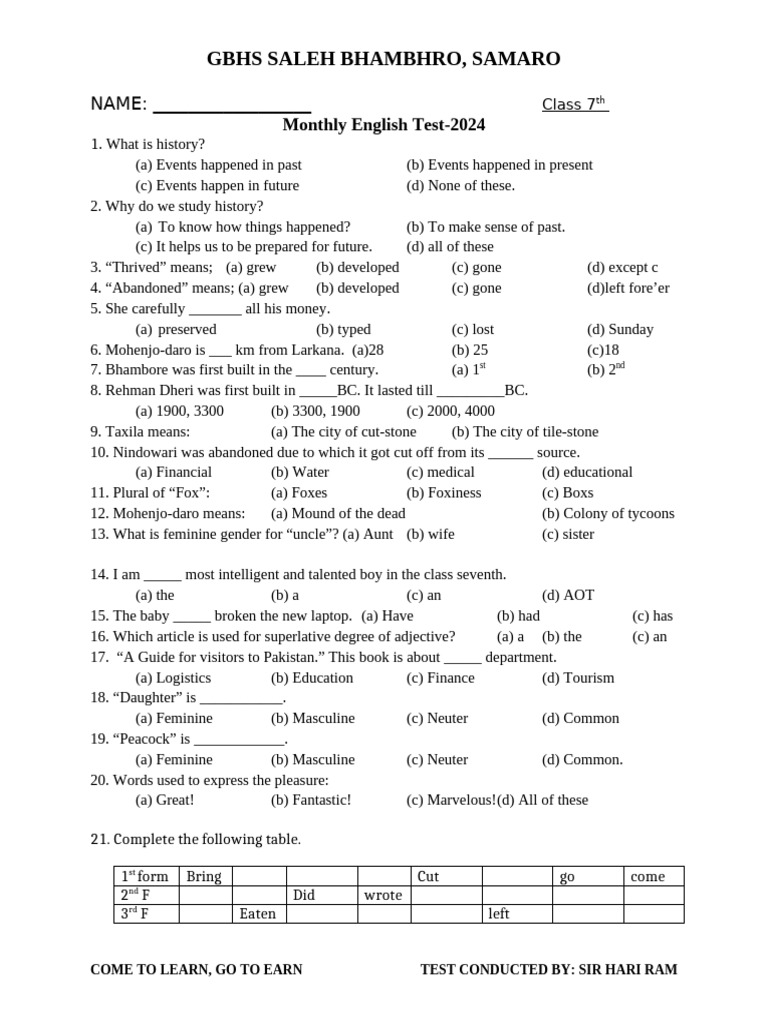 Class 7 Monthly English Test 2024 | PDF | Grammatical Gender | Grammar