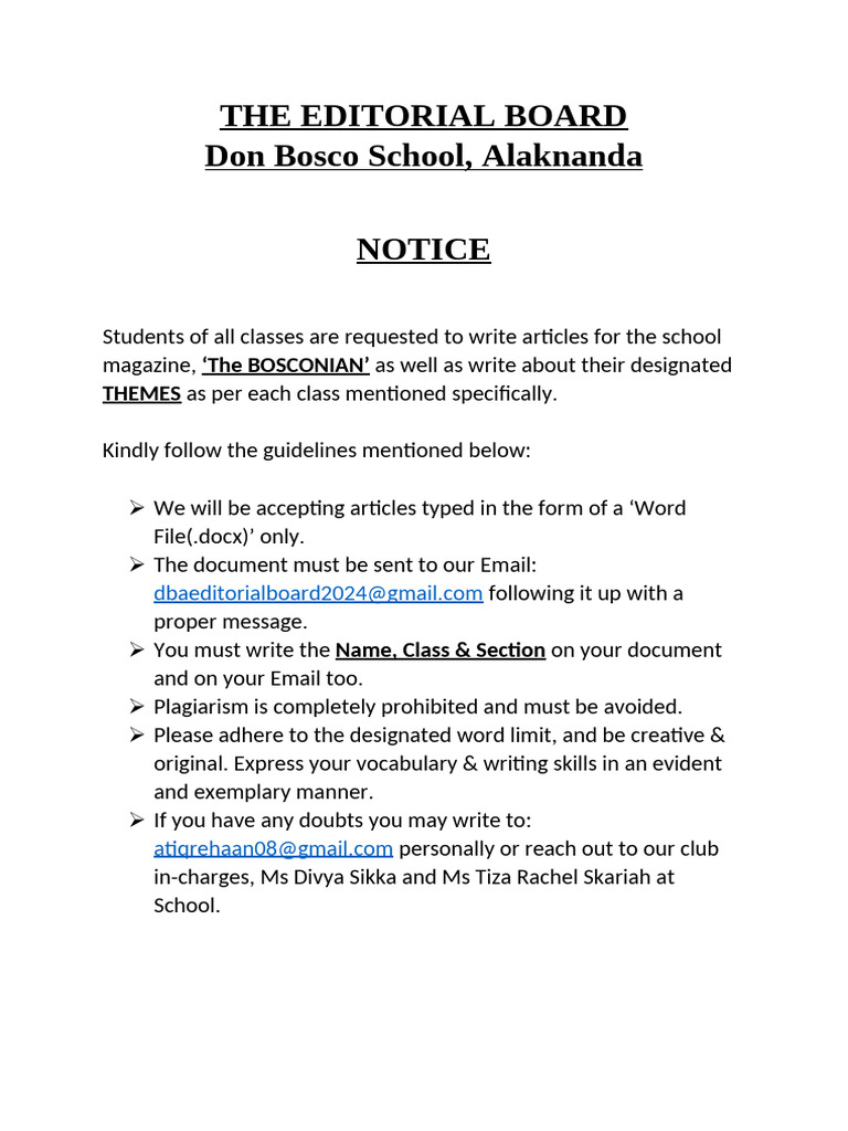 The Official Editorial Board Letter For All Classes Finalised. | PDF