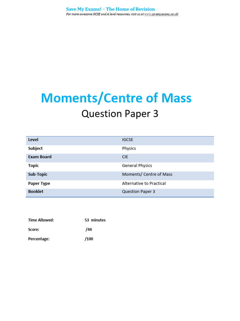 154.3 Moments Centre of Mass CIE IGCSE Physics Practical QP | PDF | Metre | Mass