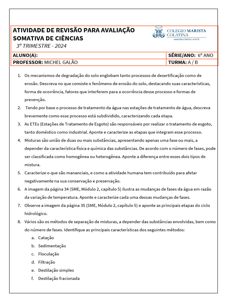Atividades de Revisão - AV2 Ciências 6º Ano | PDF