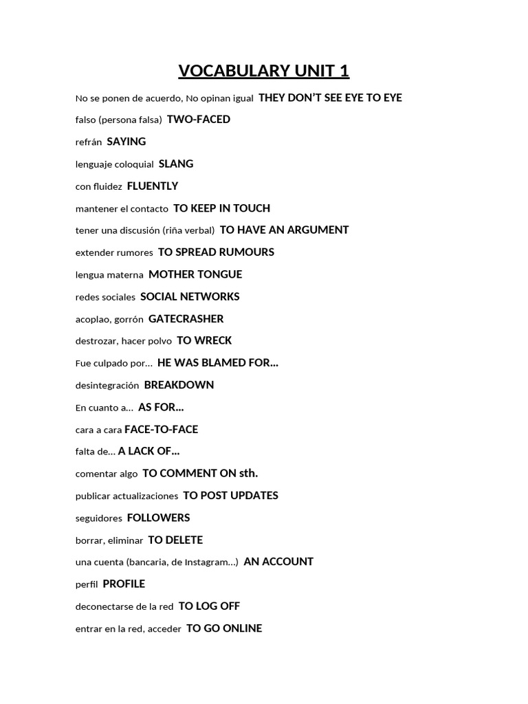 Vocabulary Unit 1 | PDF