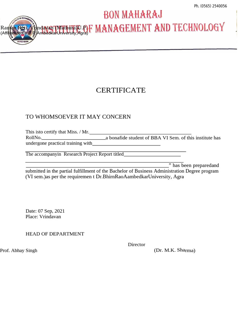 BBA VI Sem. Training Certification | PDF