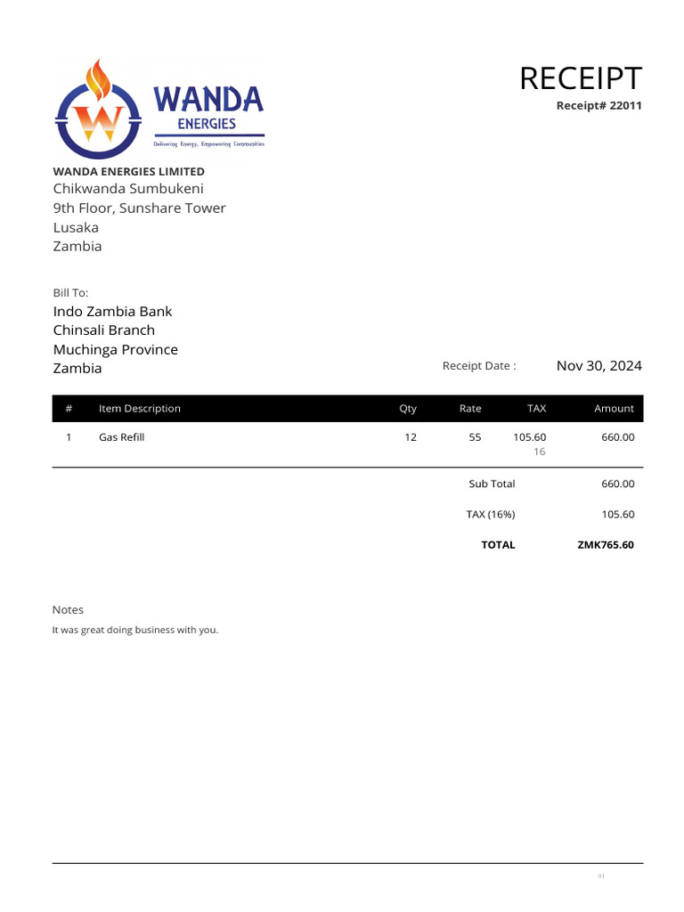 Receipt: Chikwanda Sumbukeni 9th Floor, Sunshare Tower Lusaka Zambia | PDF