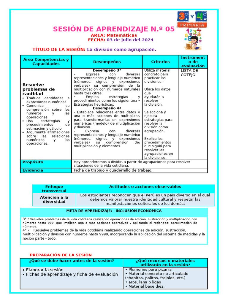 Sesion Mate - Division Agrupando | PDF | Multiplicación | Cognición