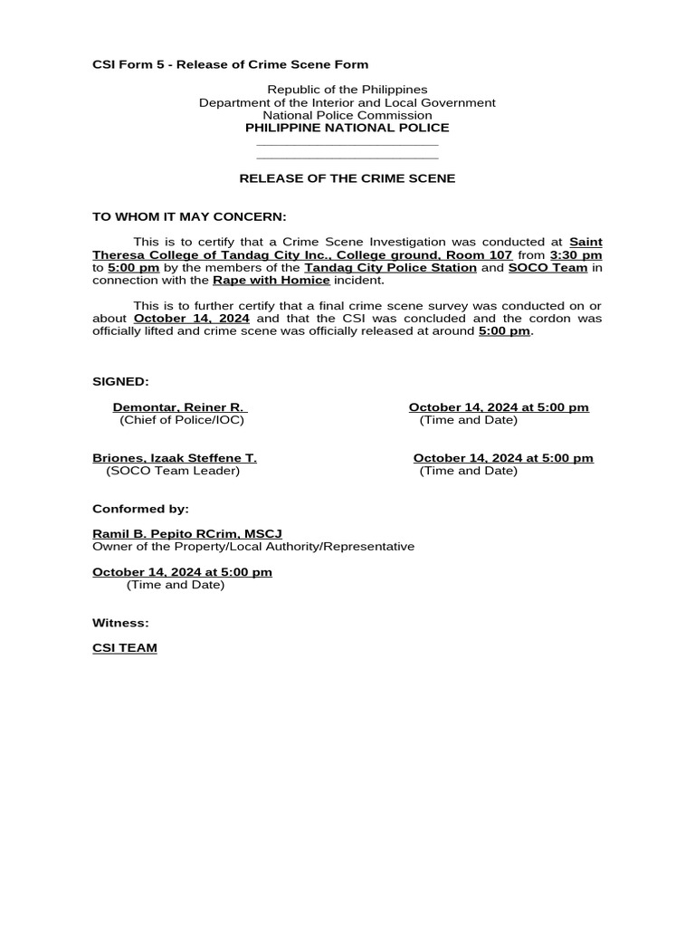 Crime Scene Release Certification Form | PDF