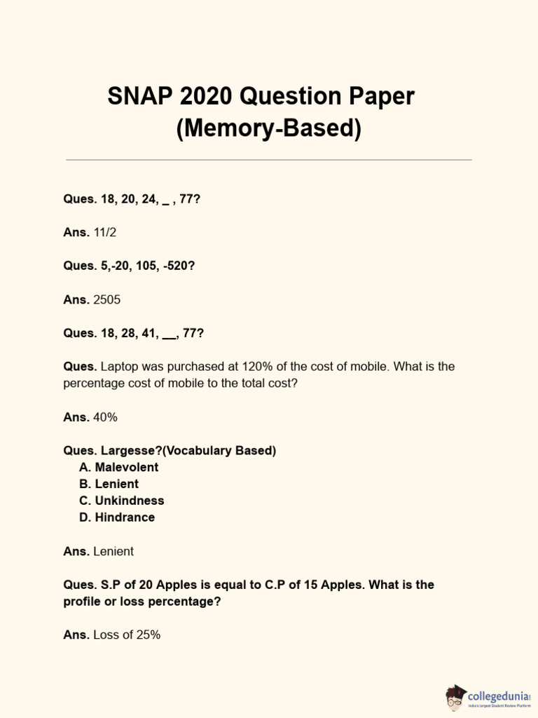 SNAP 2020 Question Paper Memory Based | PDF