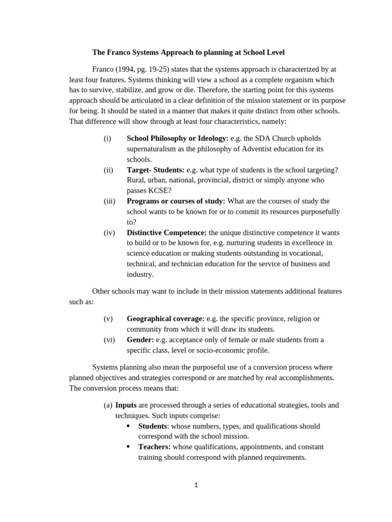 The Franco Systems Approach To Planning at School Level | PDF ...