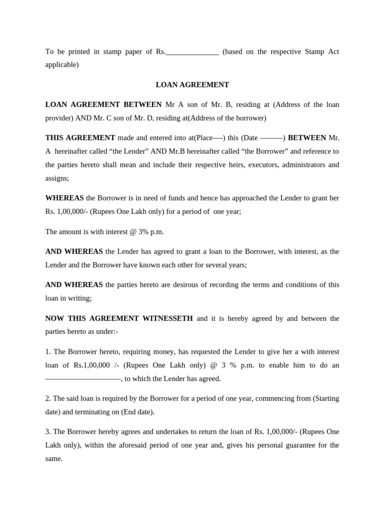 Loan Agreement Format | PDF | Loans | Interest