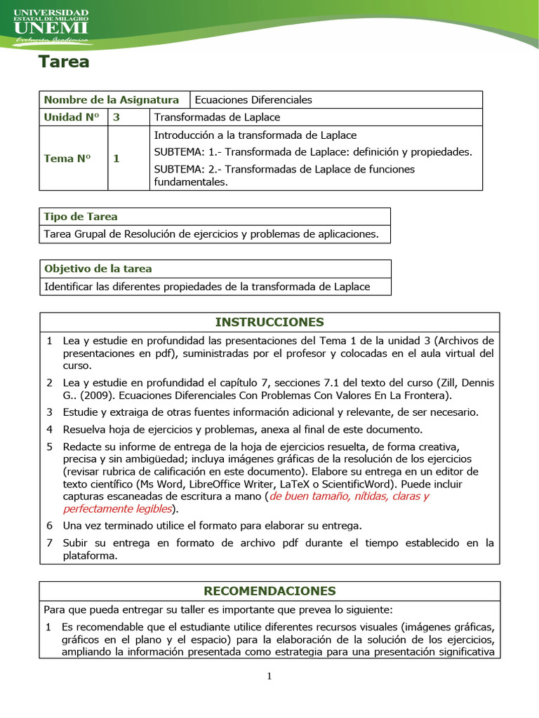 Tarea: Nombre de La Asignatura Unidad #3 | PDF | Transformada de Laplace | Derivado