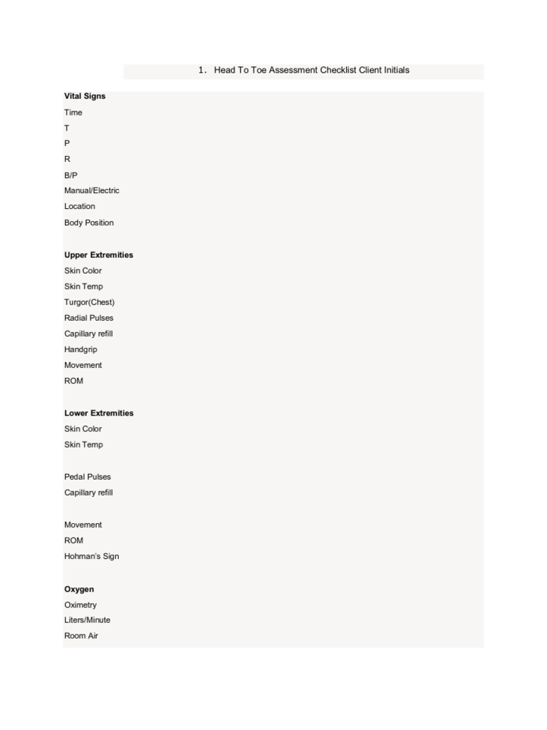 Head To Toe Assessment Checklist Client Initials | PDF