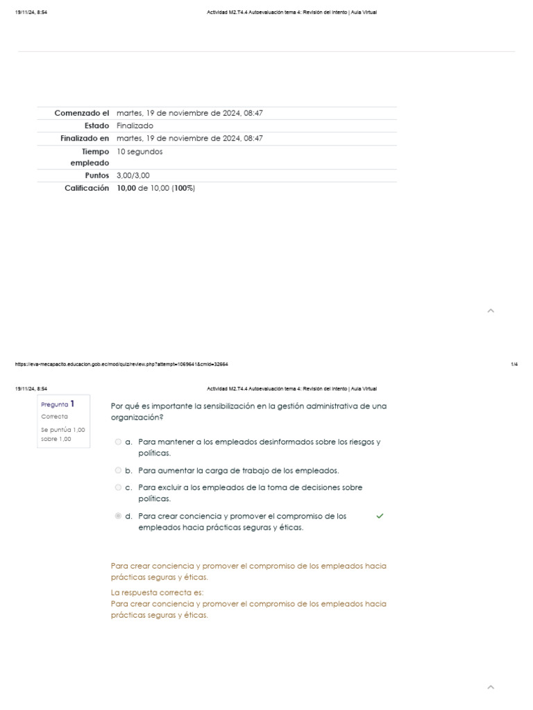 Actividad M2.T4.4 Autoevaluación Tema 4 - Revisión Del Intento - Aula Virtual | PDF