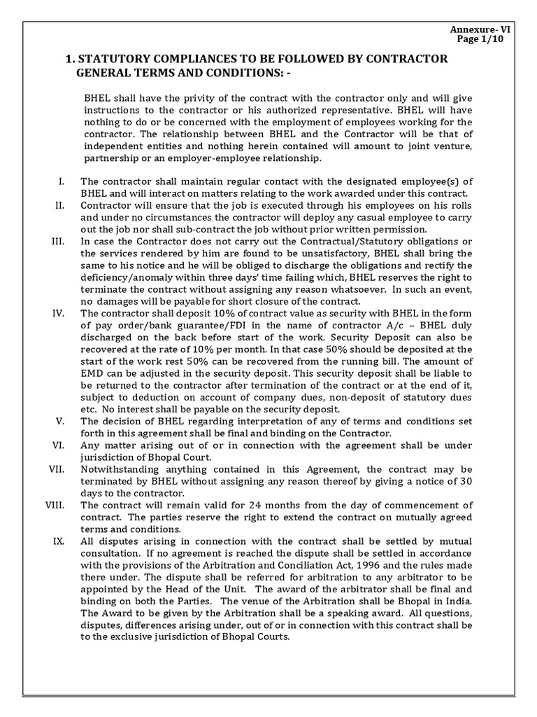 Annexure - VI Statutory Compliances | PDF | Employment | Arbitration