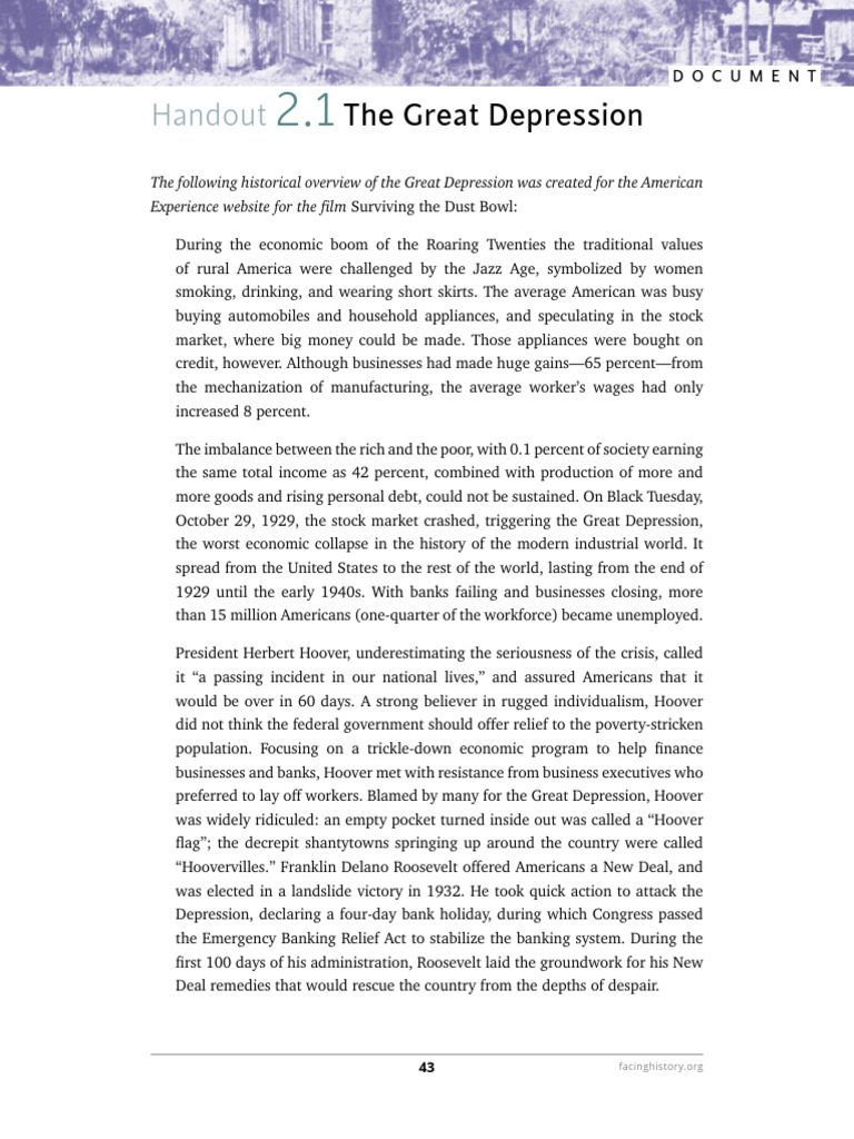 The Great Depression Reading | PDF | Wall Street Crash Of 1929 | United ...