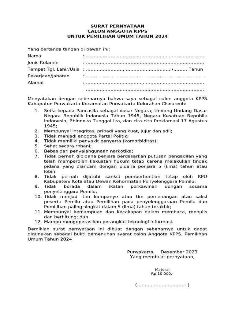 SURAT PERNYATAAN Calon KPPS | PDF