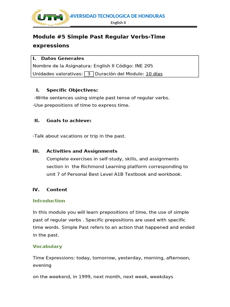 Module 5 Simple Past Regular Verbs Time Expressions | PDF | Grammatical ...