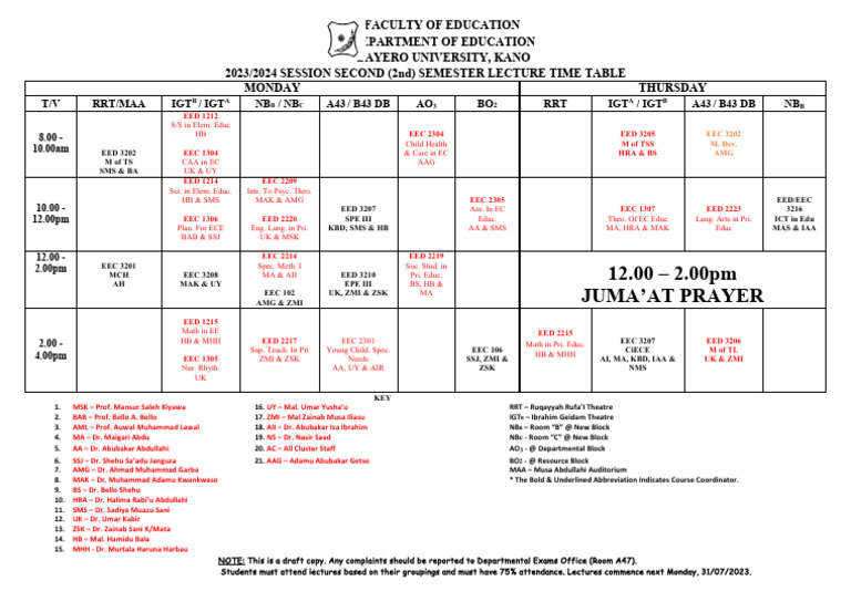 2023 - 2024 Session 2nd Semester EECEED Time Table | PDF