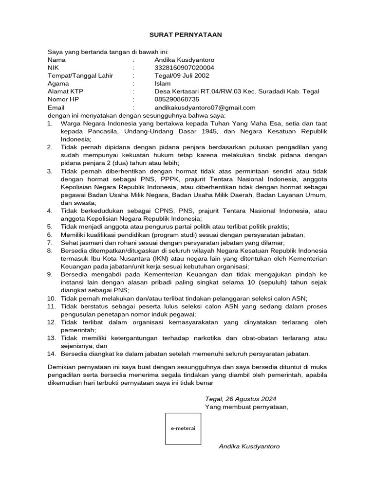 Surat Pernyataan CPNS Dika | PDF