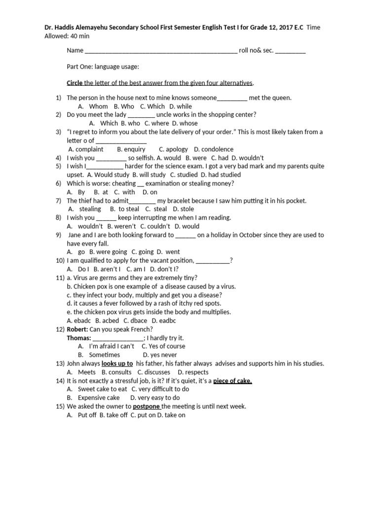 Grade 12 Test, Unit One and 2 | PDF | Smallpox