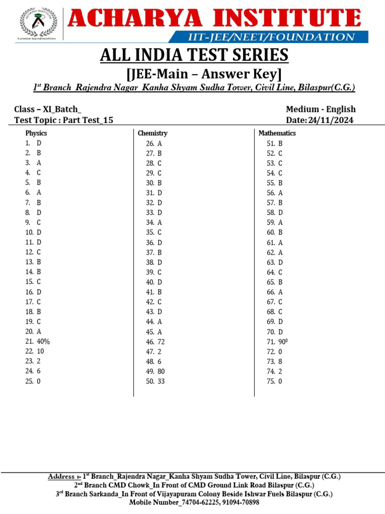 Answer Key - 15 - JEE-Main - Class XI - RN | PDF